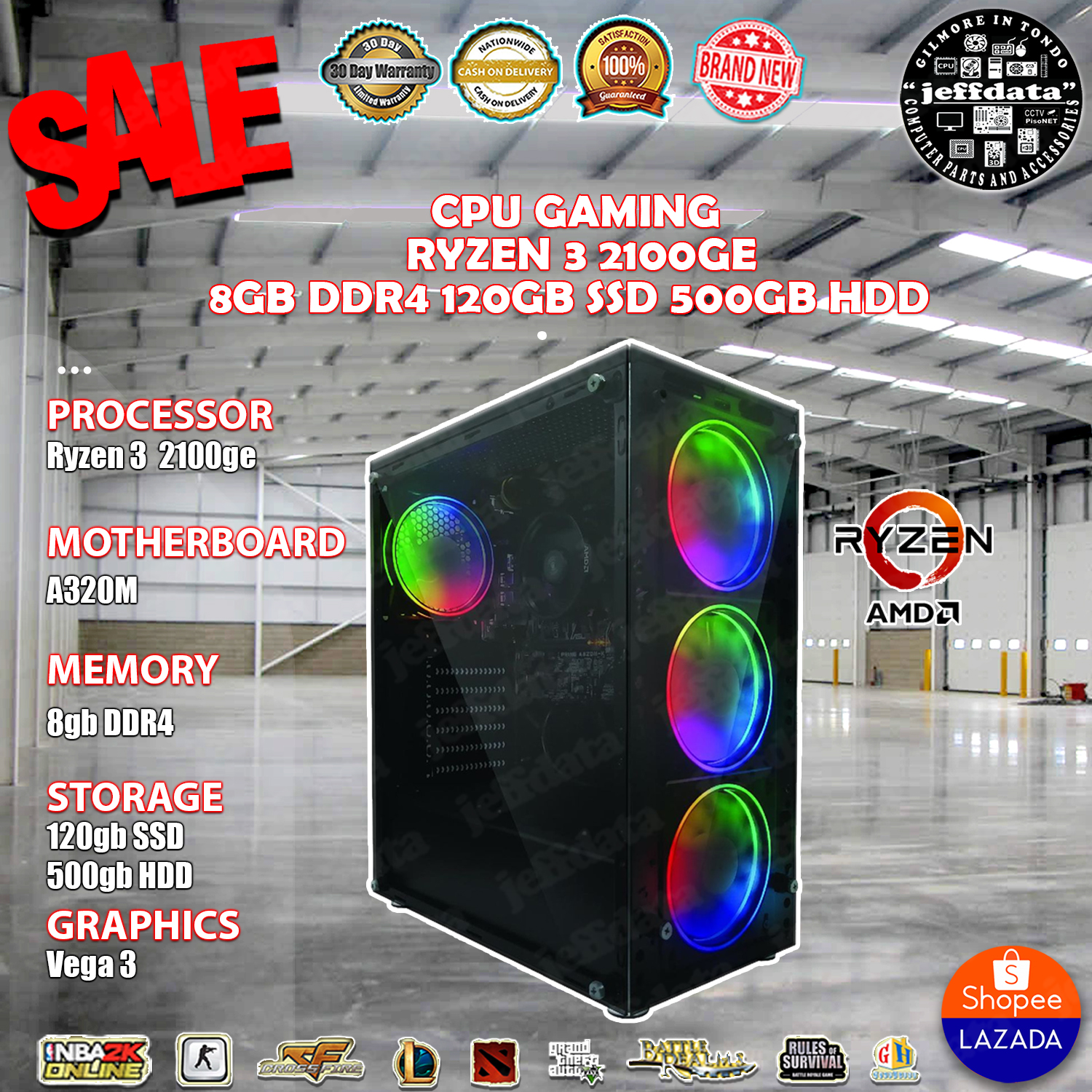 CPU Gaming Desktop AMD Ryzen 2100GE 8gb Ddr4 120gb SSD 500gb HDD Radeon ...